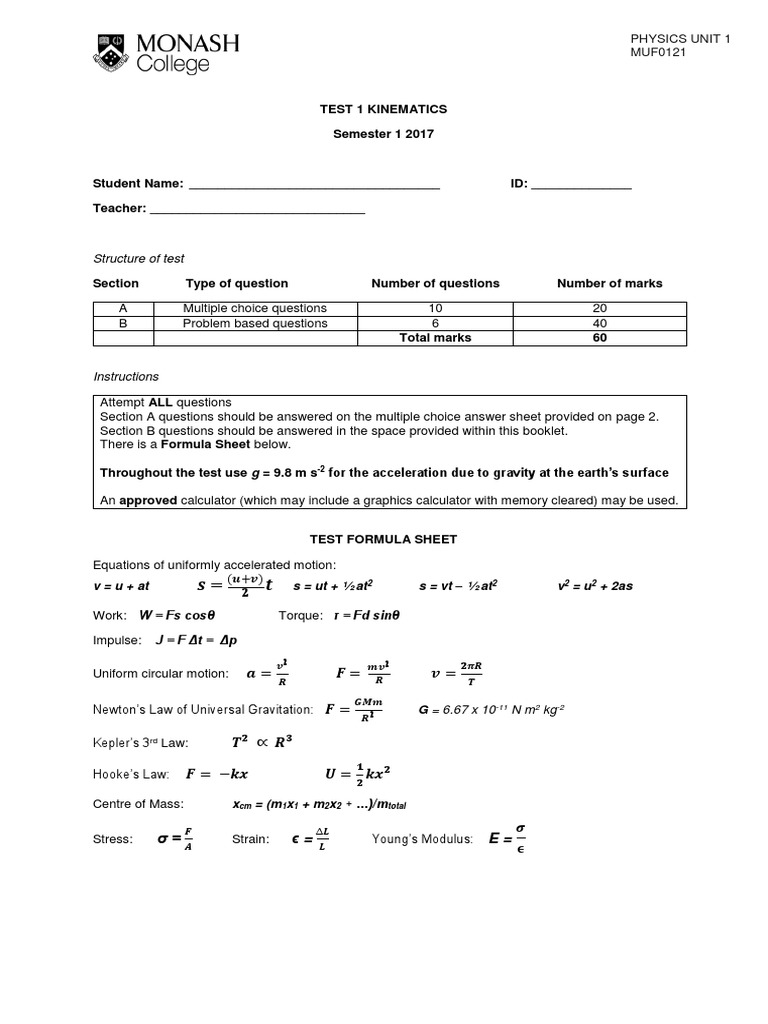 Test 1 Unit 1 Physics Sem 1 2017 | Download Free PDF | Acceleration ...