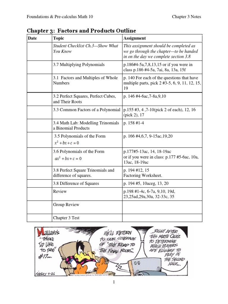 Chapter 3: Factors and Products Outline: Date Topic Assignment | PDF ...