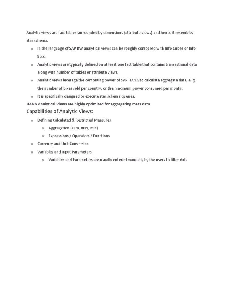 Capabilities Of Analytic Views Hana Analytical Views Are Highly 5895