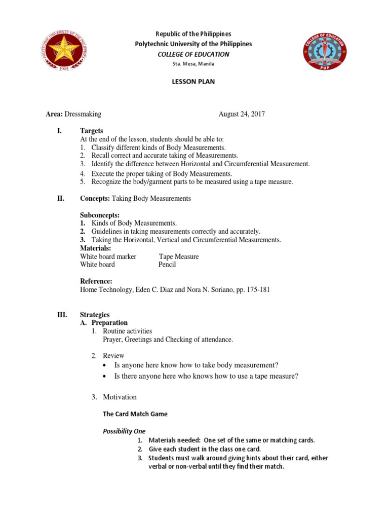 Body Measurements Lesson Plan | PDF | Human Appearance | Measurement