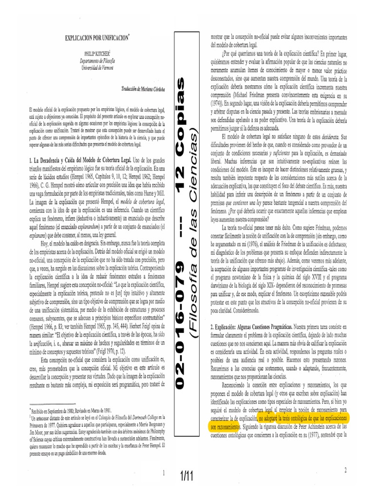 Kitcher Explicacion Por Unificacion PDF | PDF | Ciencia y matemática