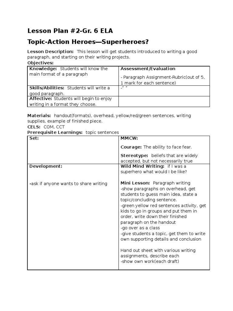 Lesson Plan #2-Gr. 6 ELA Topic-Action Heroes-Superheroes? | PDF ...