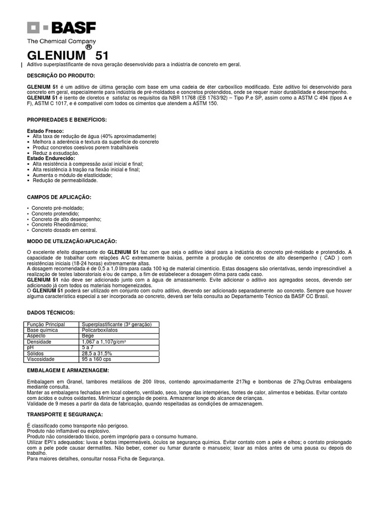 Glenium 51 | PDF | Embalagem e rotulagem | Concreto