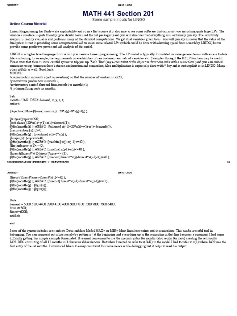 Some Sample Inputs For LINGO | PDF | Linear Programming | Software ...