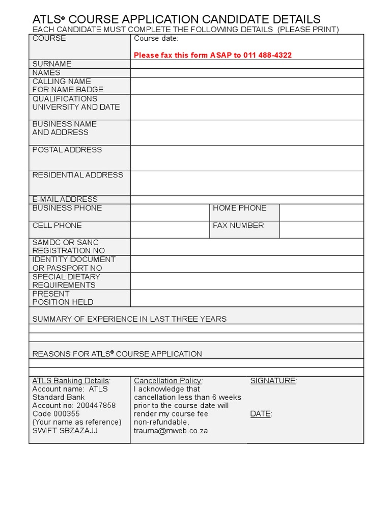Application for Advanced Trauma Life Support (ATLS) Course Including ...