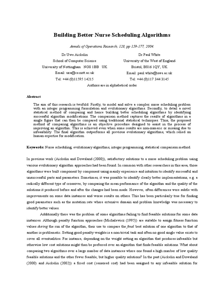 Nurse Scheduling Algorithm Advances | PDF | Visual Cortex | Genetic ...