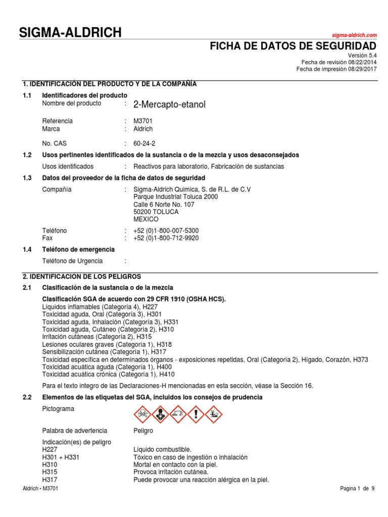 2 Mercaptoetanol | PDF | Toxicidad | Guante