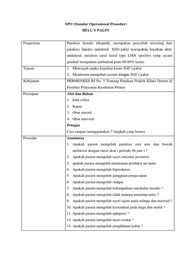 Sop Bell's Palsy | PDF