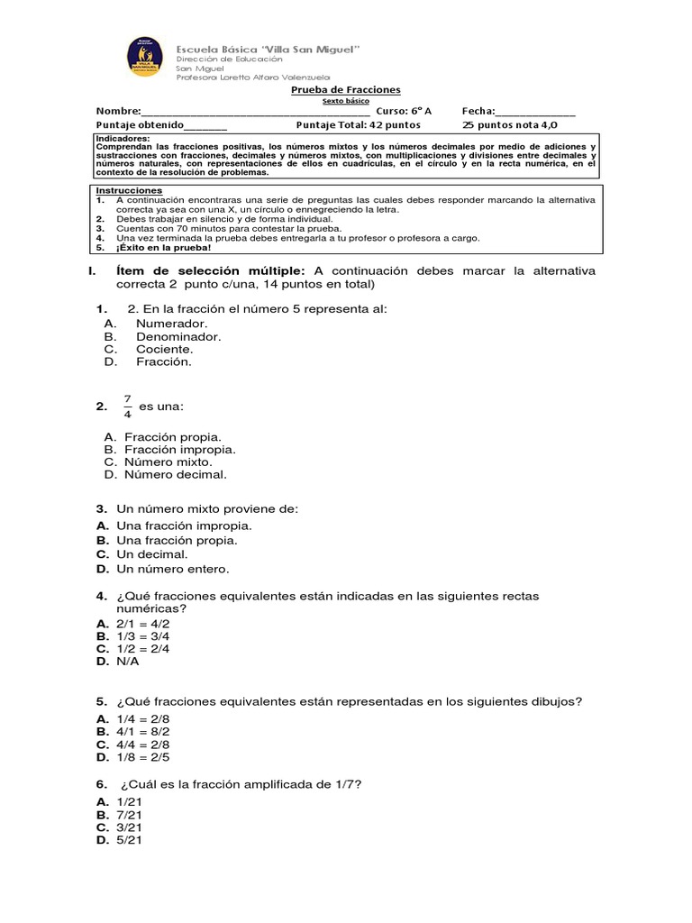 Prueba de Fracciones | PDF | Fracción (Matemáticas) | Aritmética