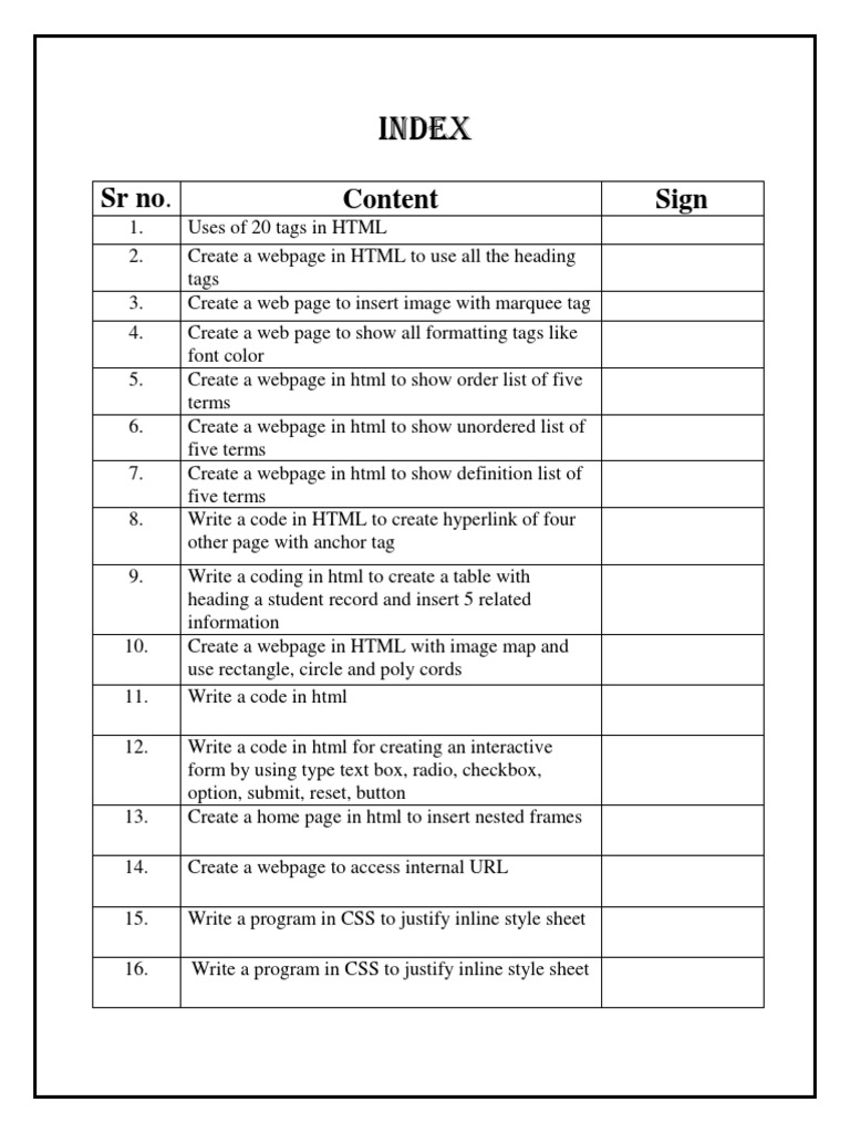 Index: SR No. Content Sign | PDF