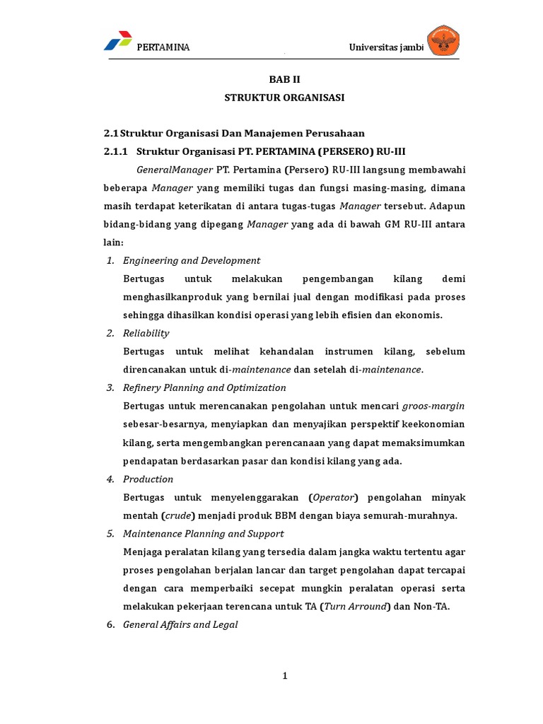 Struktur Organisasi Pertamina RU III | PDF