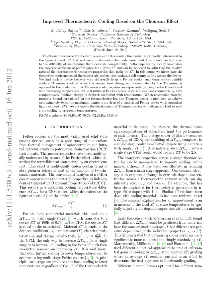 Enhanced Thomson Effect in Cooling | PDF | Thermodynamics | Branches Of ...