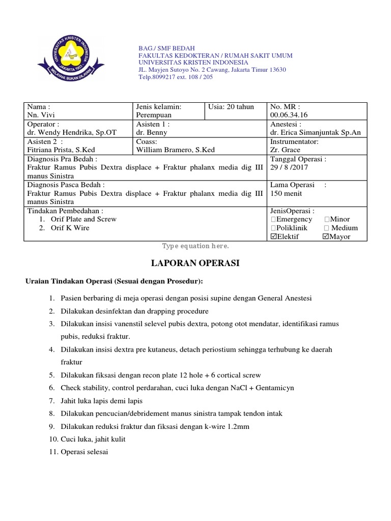 Laporan Operasi Orif Ortopedi | PDF