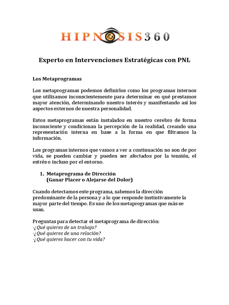 Metaprogramas en PNL: Guía Esencial | PDF | Hipnosis | Sicología