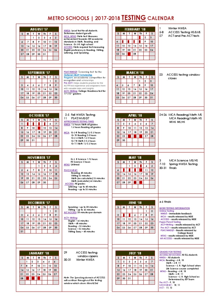2017 Yearly TESTINGcalendar Aug 4 | PDF | Act (Test) | Psat/Nmsqt