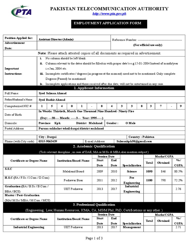 Pakistan Telecommunication Authority: Employment Application Form | PDF ...