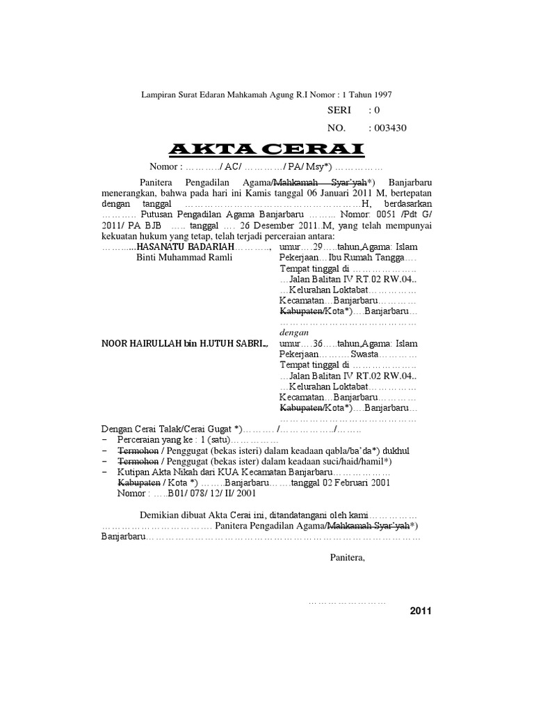 Contoh Akta Cerai dan Format PDF | PDF