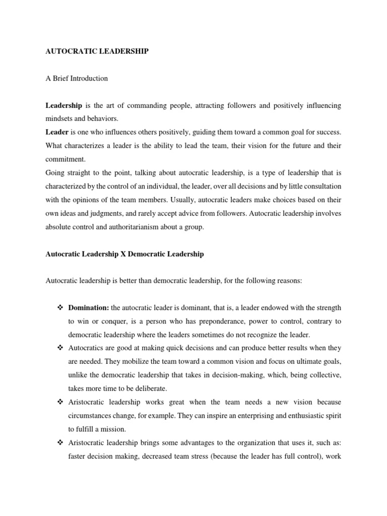 Autocratic Leadership | PDF | Leadership | Decision Making