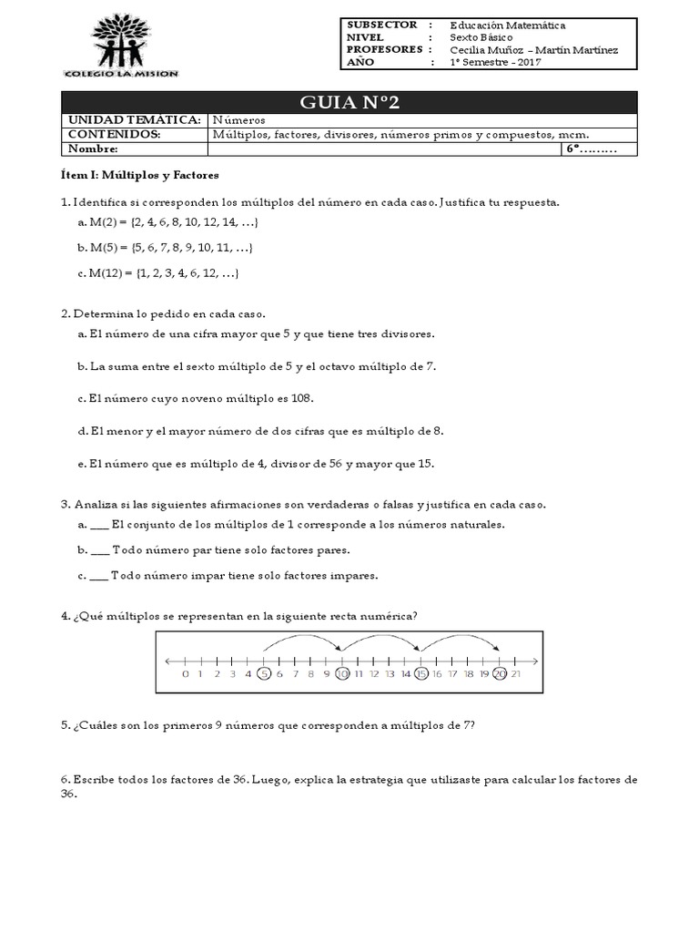 Guía 2 - Unidad Números - Sexto Básico - Multiplos y Factores | PDF ...