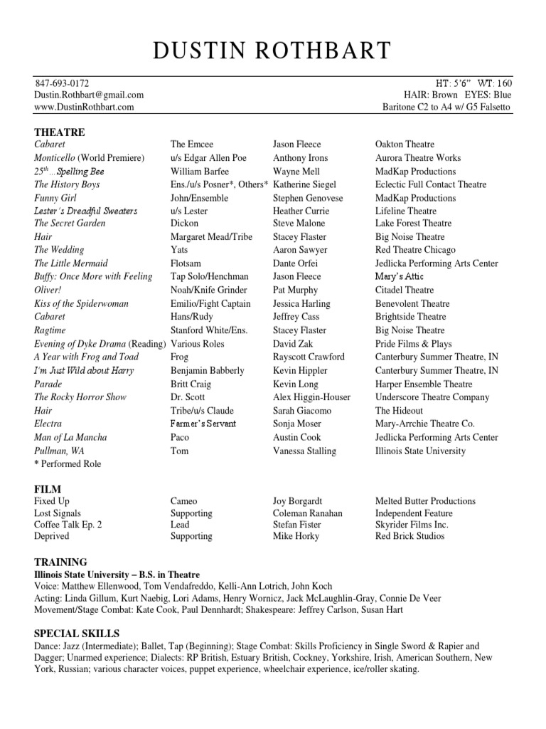 Theatre Resume - Dustin Rothbart | PDF | Entertainment | Performing Arts