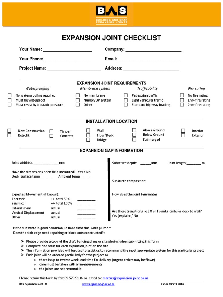 Expansion Joint Checklist: Waterproofing Membrane System Trafficability ...
