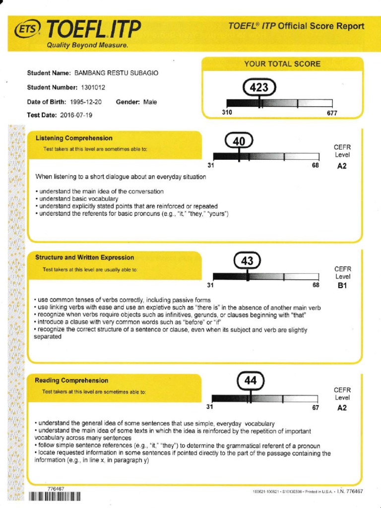 Sertifikat TOEFL ITP 2 | PDF | Test Of English As A Foreign Language | Verb