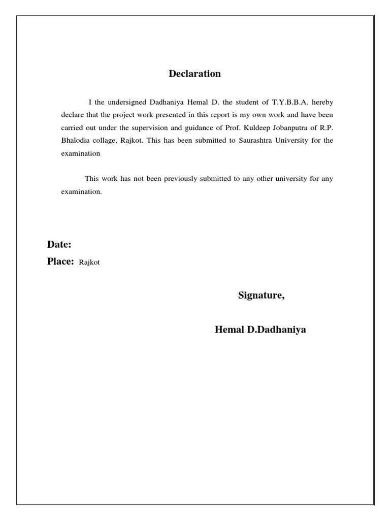 Declaration of Original Work: A Student's Project Report Submission to ...