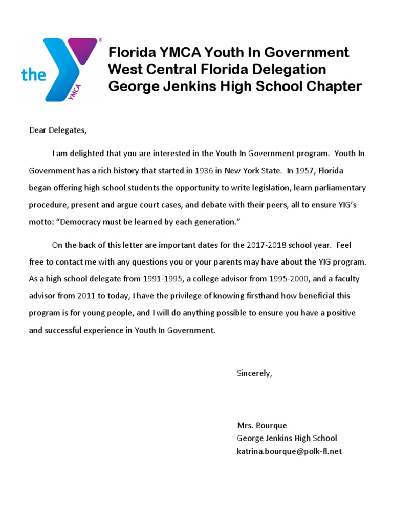 Florida Ymca Youth in Government Folder Letter | PDF