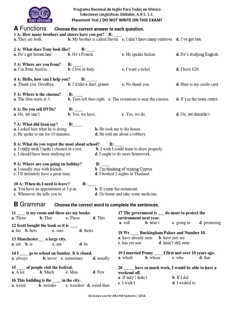 Placement Test Answer Key | PDF | Test (Assessment)