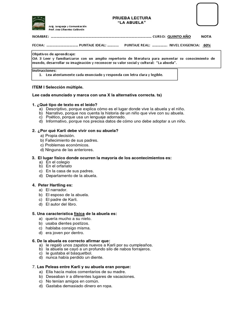 Comprensión lectora de la historia 'La abuela' | PDF | Lectura (proceso)