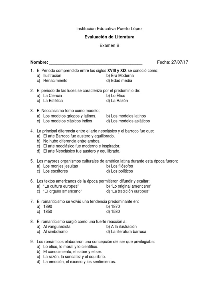 Examen de Literatura Examen b | Romanticismo | Era de iluminacion ...