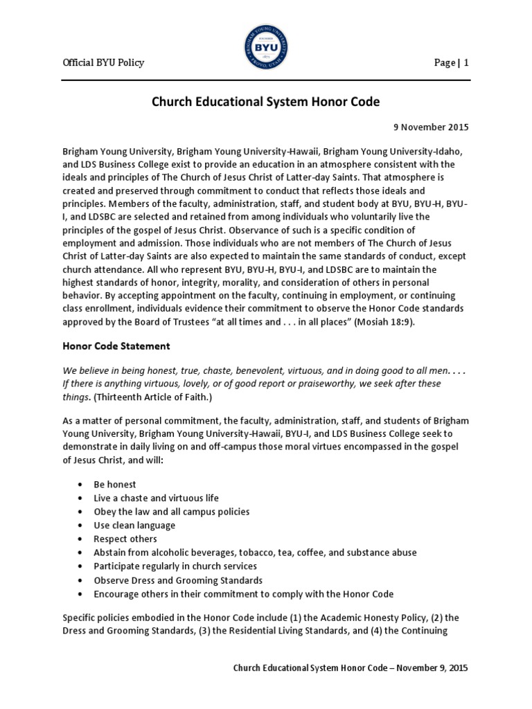Church Educational System Honor Code | PDF | The Church Of Jesus Christ ...
