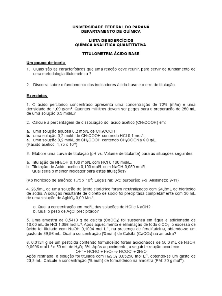 Exercícios Titulometria Ácido Base | PDF | Titulação | Química