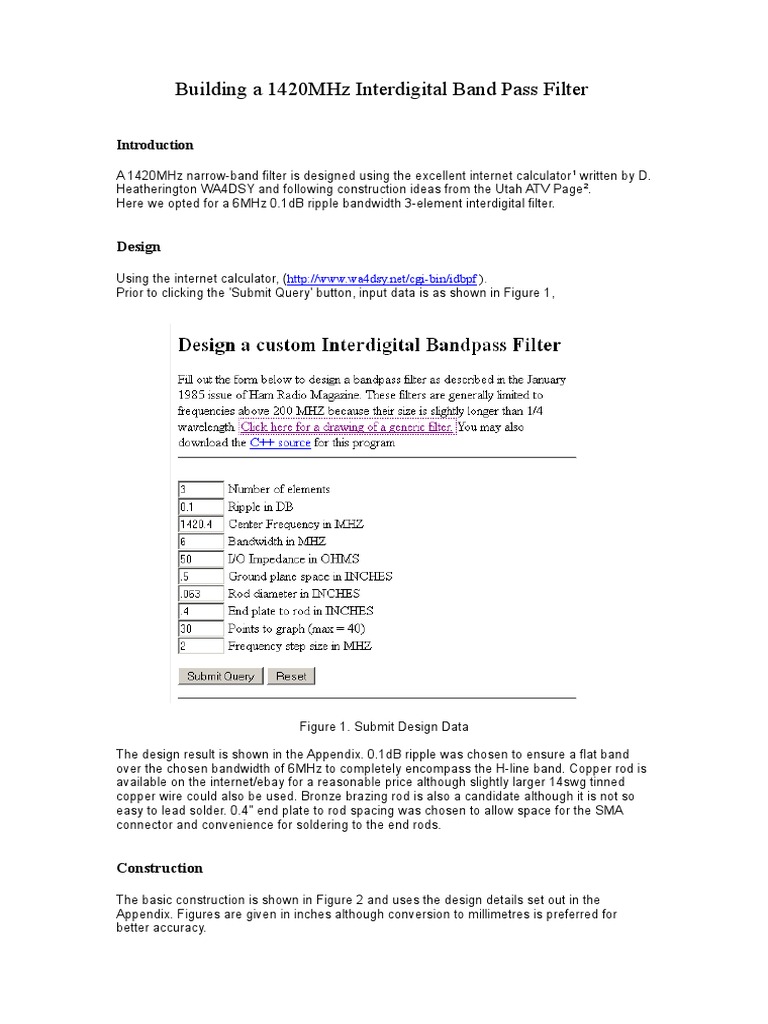1420MHz Interdigital Band Pass Filter Build | PDF | Bandwidth (Signal Processing) | Electrical ...