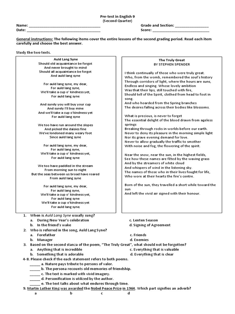 PreTest Second Grading | PDF | Prose | Poetry