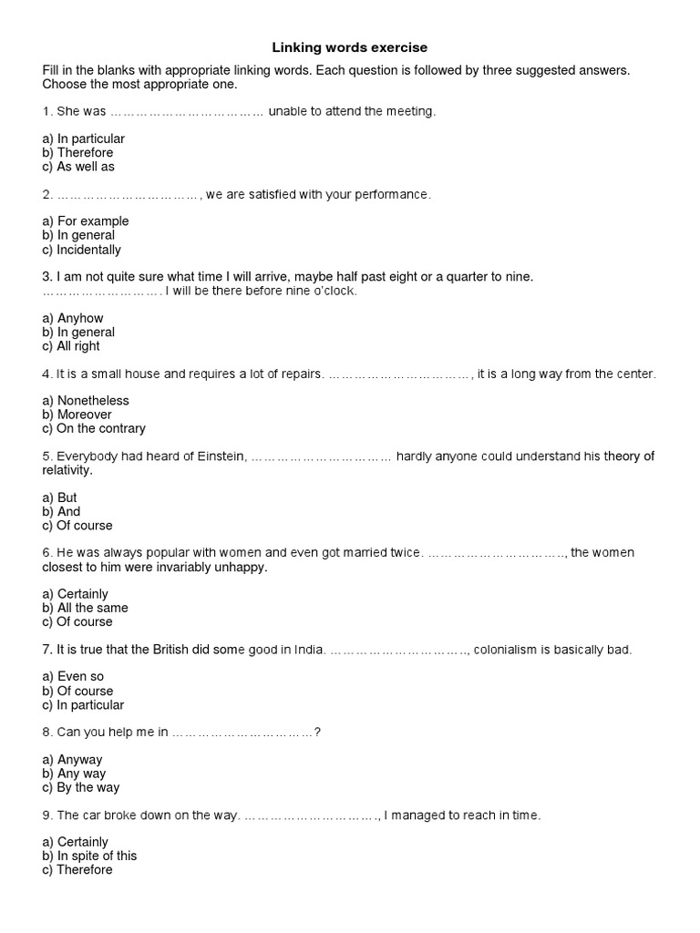 Linking Words & Conjunctions Exercises | PDF | Leisure