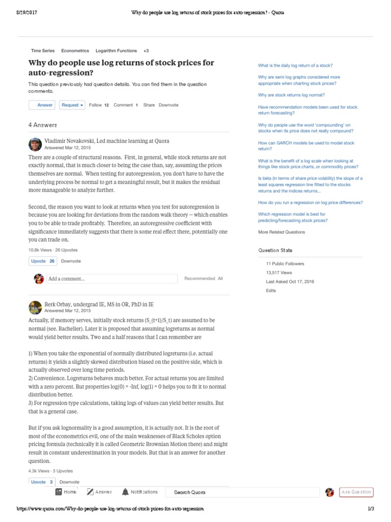 Why Do People Use Log Returns of Stock Prices For Auto-Regression ...