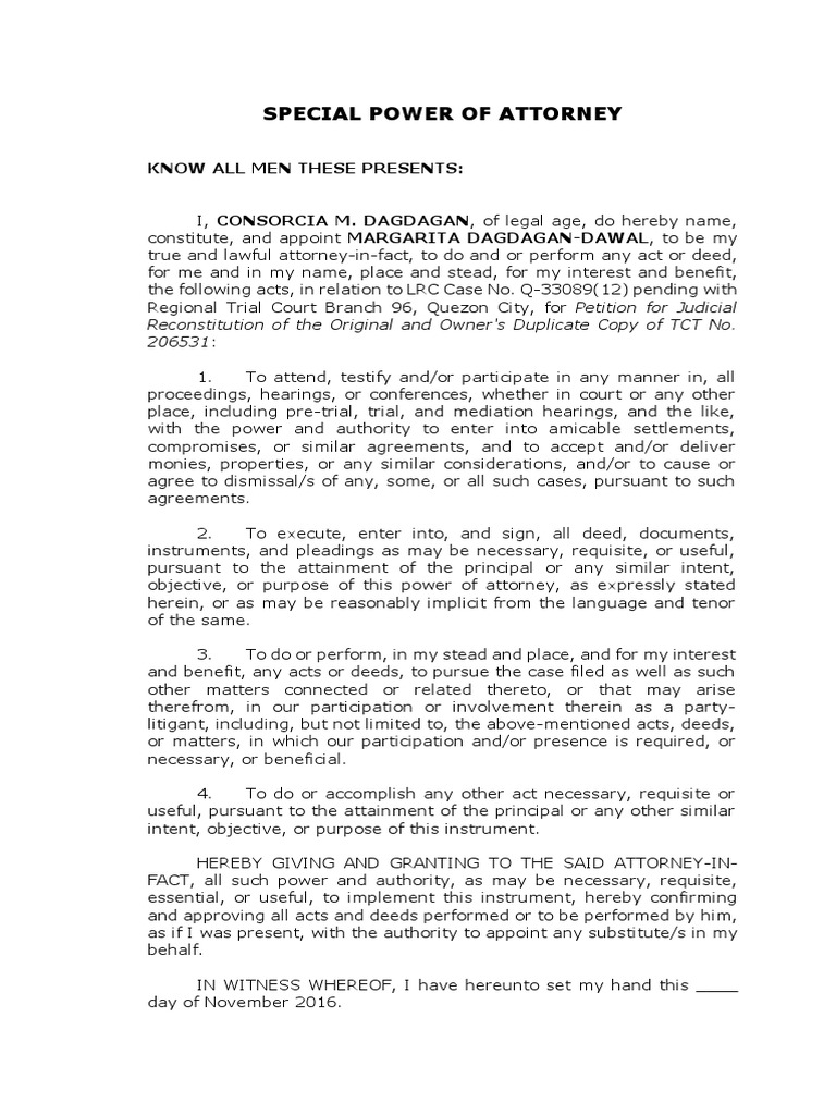 Special Power of Attorney For LRC Case | PDF | Power Of Attorney ...