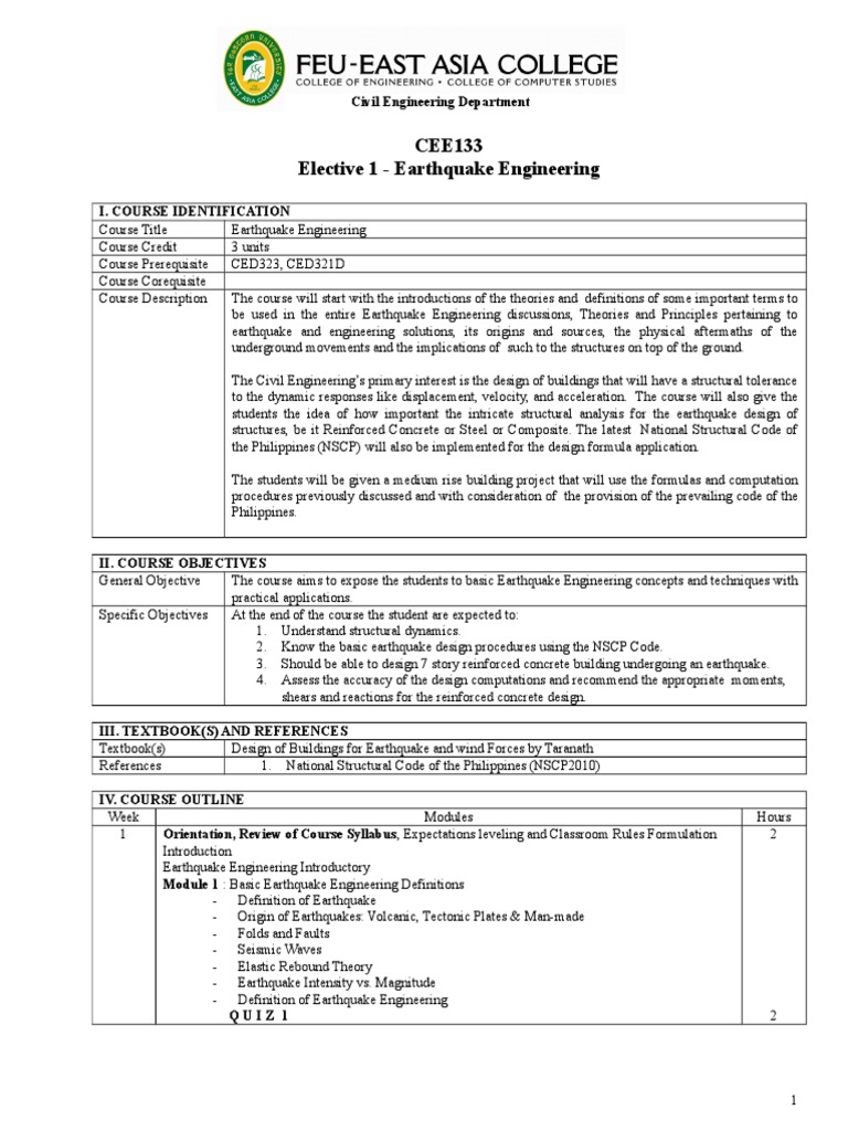 CEE 133 Elective 1 (Earthquake Engineering) | PDF | Earthquake ...