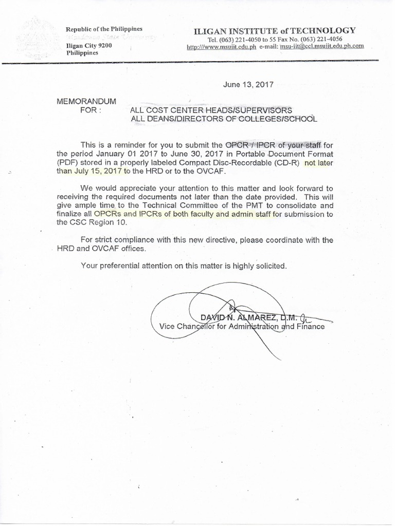 Memo For The Deadline Submission of IPCR PDF | PDF