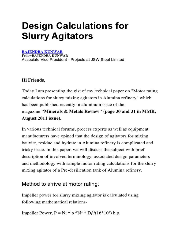 Design Calculations For Slurry Agitators | PDF | Pump | Liquids