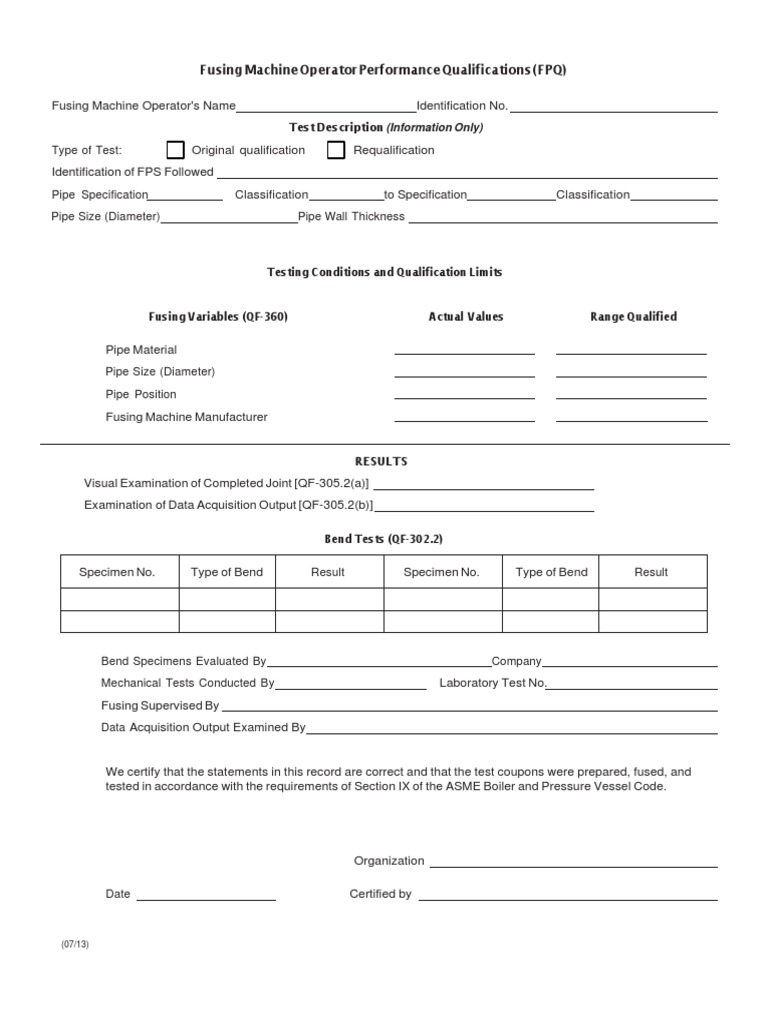 Fusing Machine Operator Performance Qualifications (FPQ) : Test ...