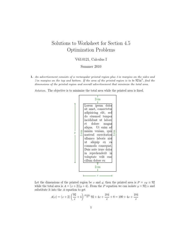 Solutions To Worksheet For Section 4.5 Optimization Problems | PDF ...