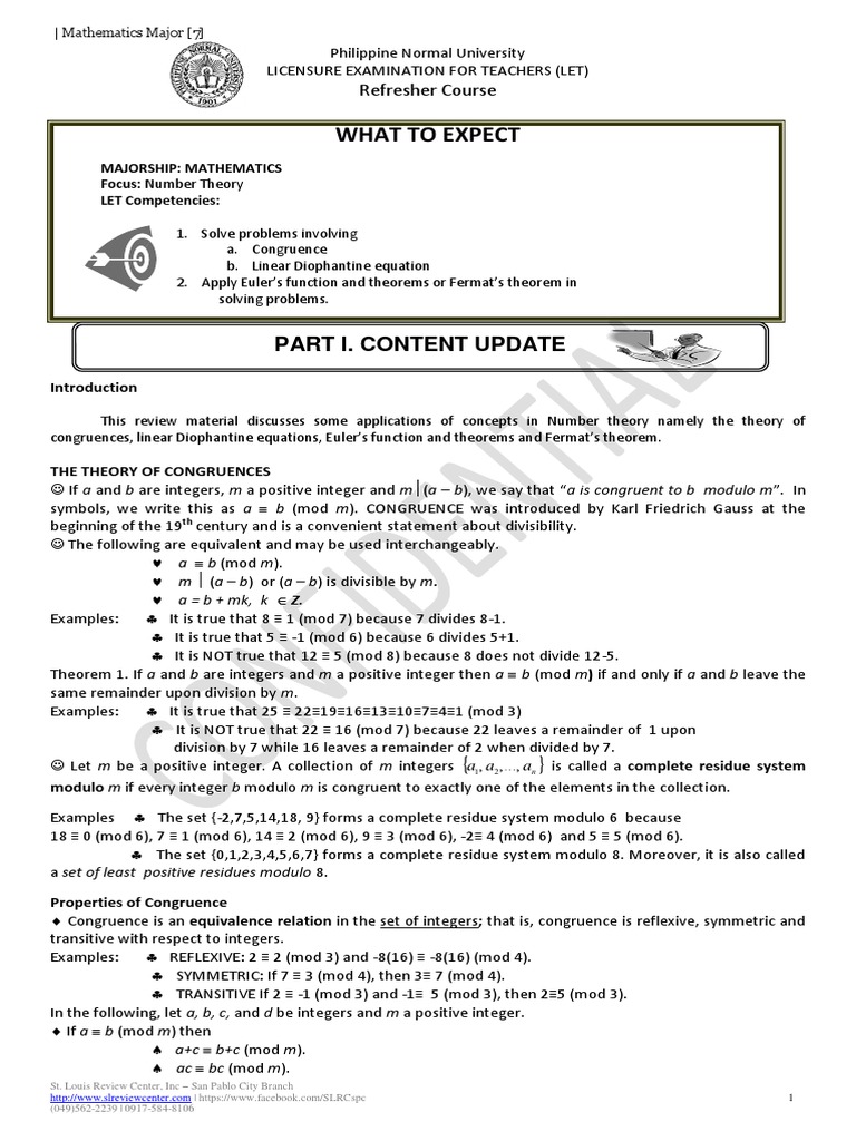 LET Review: Number Theory Concepts for Mathematics Majors | PDF | Prime Number | Equations