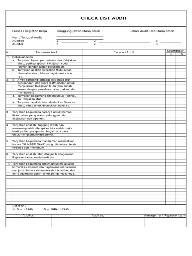 Check List Audit Lengkap | PDF | Pengelolaan Keuangan & Uang ...