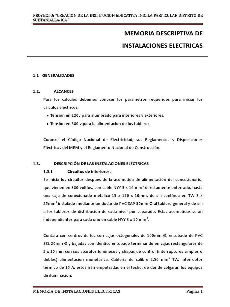 MEMORIA INSTALACIONES ELECTRICAS Colegio | PDF | Cobre | Enchufes y tomas de corriente alterna