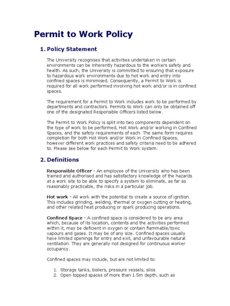 Permit To Work Policy | PDF | Safety | Energy And Resource