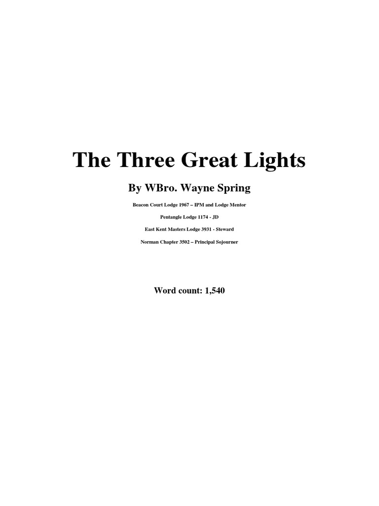 The Three Great Lights | PDF | Freemasonry | Masonic Lodge