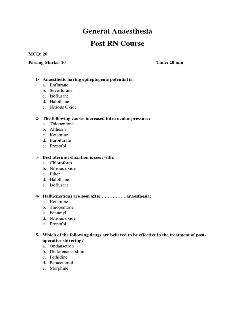 General Anesthesia MCQs and Answers | PDF | Drugs Acting On The Nervous ...