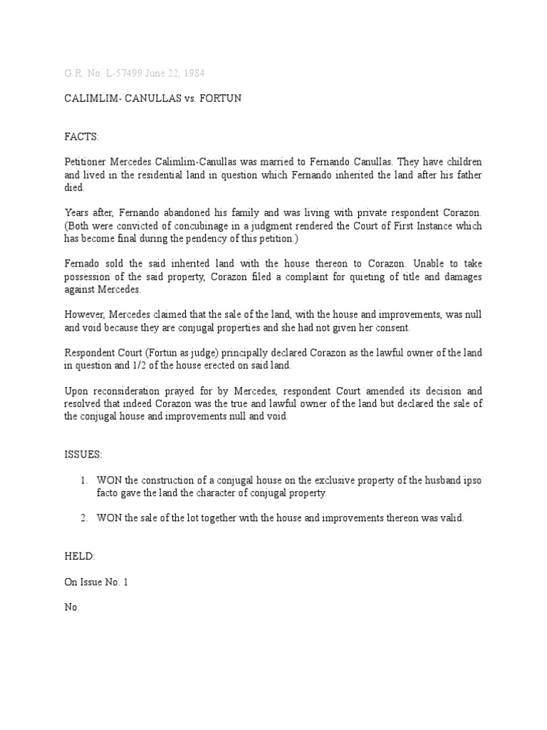 Calimlim Canullas V Fortun CASE DIGEST | PDF | Public Policy Doctrine | Marriage